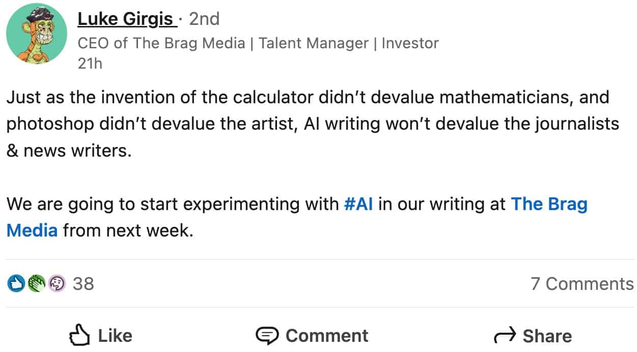 Luke Girgis reveals The Brag Media will experiment with ChatGPT