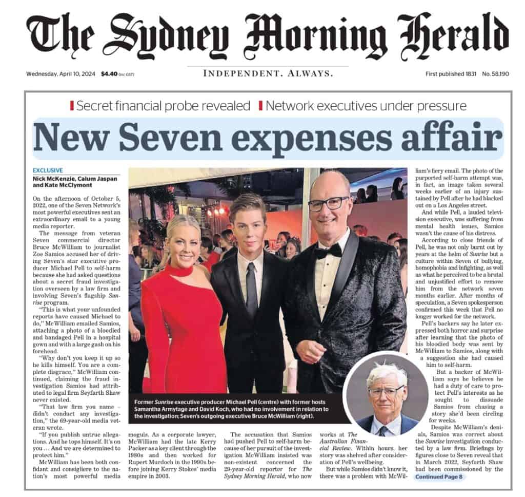 The Sydney Morning Herald puts Seven back on page 1