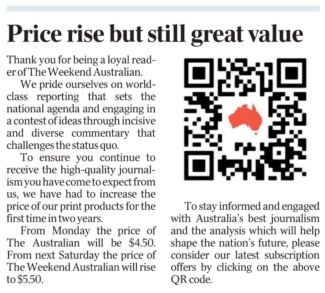 As birthday celebrations finish, The Australian lifts print prices